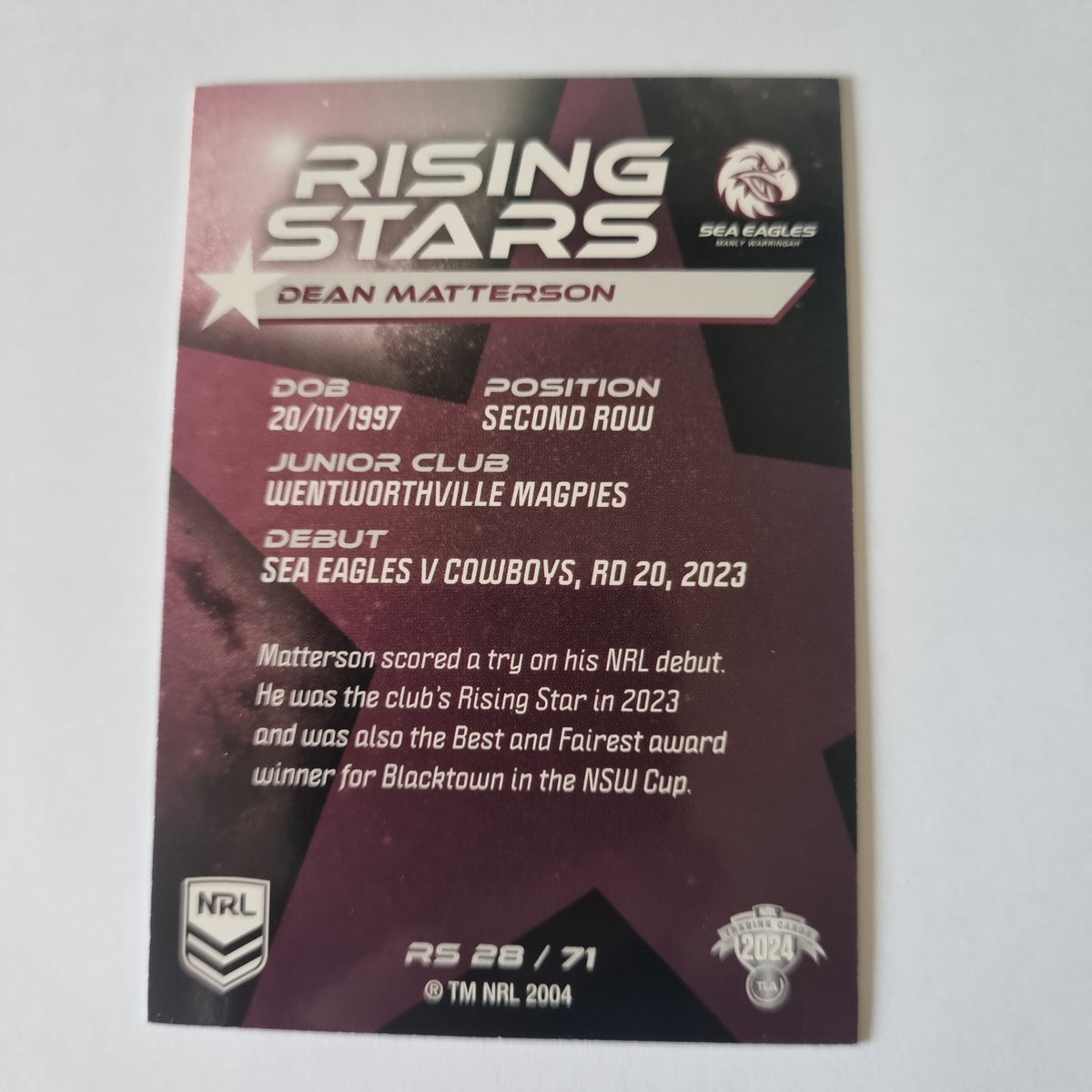NRL 2024 Traders - Rising Stars - #RS28 - Dean Matterson - Sea Eagles ...