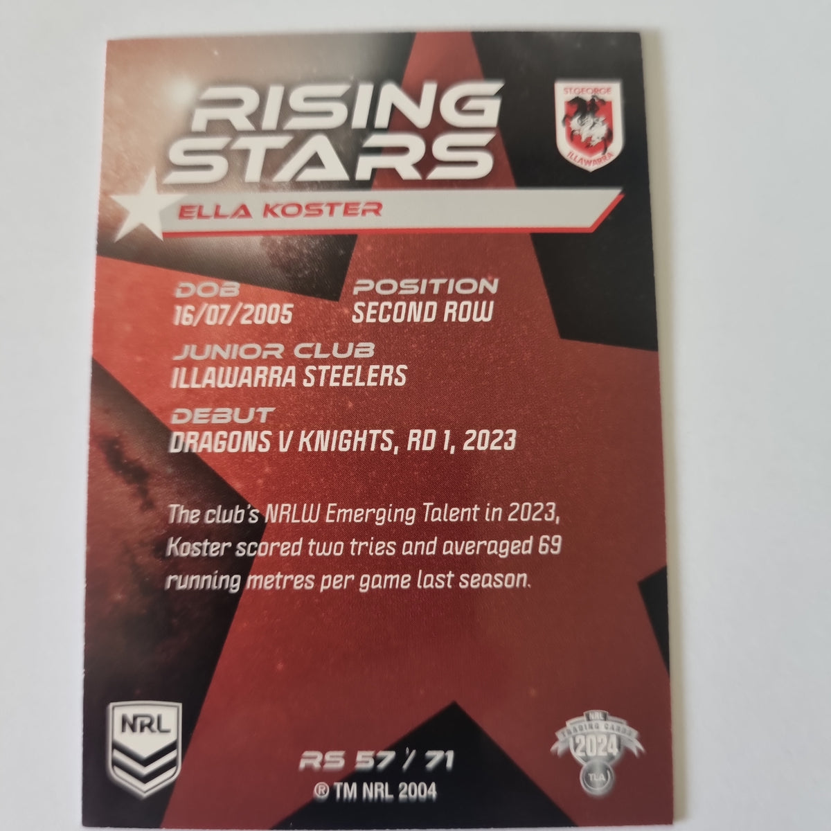 NRL 2024 Traders - Rising Stars - #RS57 - Ella Koster - Dragons – Funporium