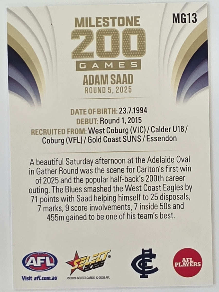 2026 AFL Footy Stars Milestone Games MG13 Adam Saad - Carlton Blues ...