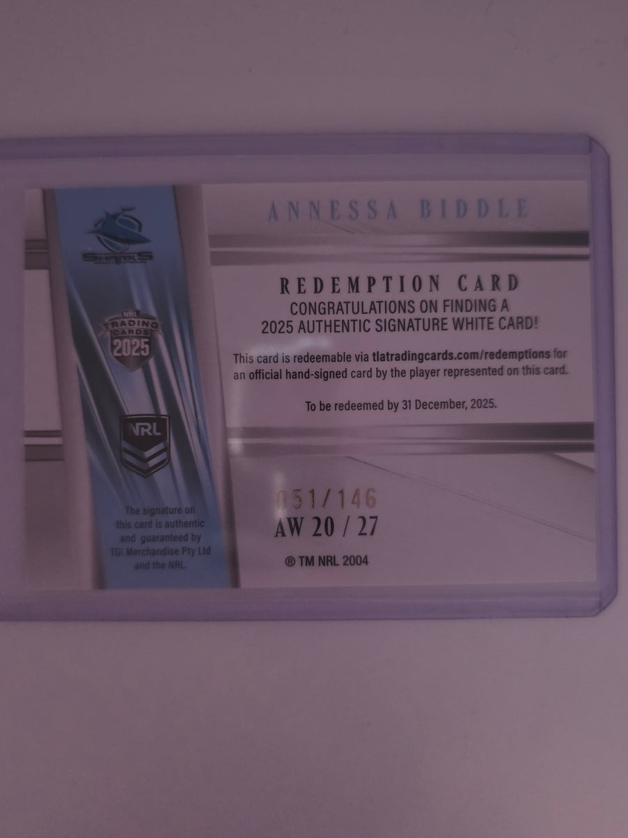 NRL 2025 Traders| Authentics Signature White #AW20 Annessa Biddle 051 ...