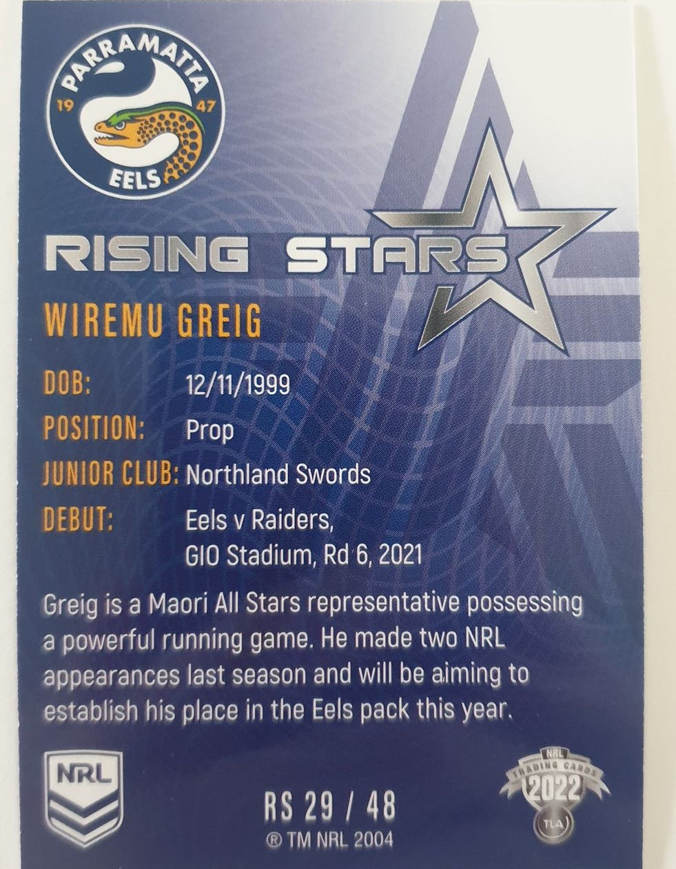 Rising Stars - RS29 - Wiremu Greig - Parramatta Eels - 2022 Traders NR ...